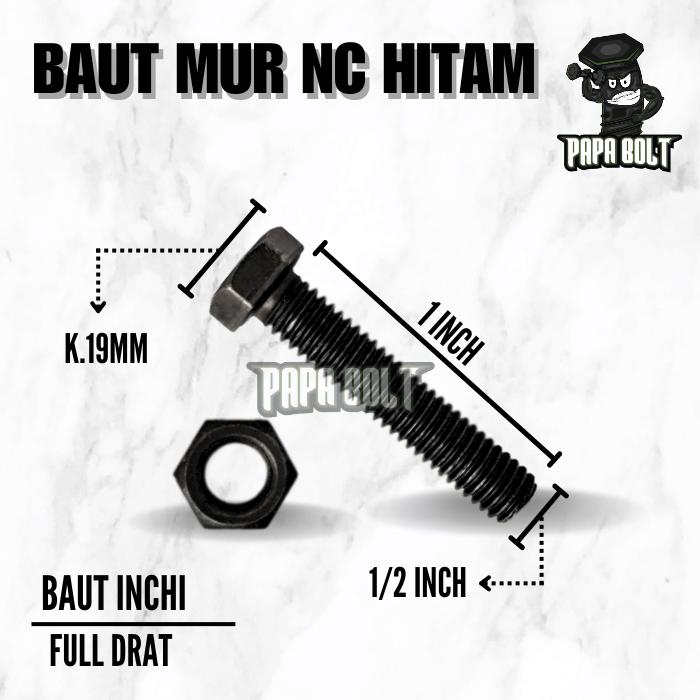 Jual Baut Mur Hex NC INCHI Hitam 1/2" (Kunci 19) x ( 1" - 3") UNC 12 ...