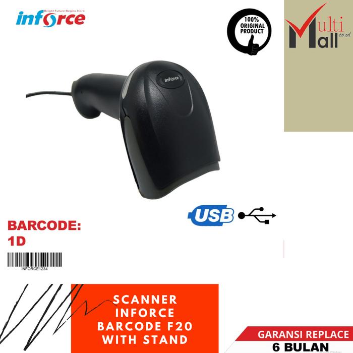 Promo SCANNER INFORCE BARCODE F20 + STAND 1D USB WIRED KABEL CABLE ...
