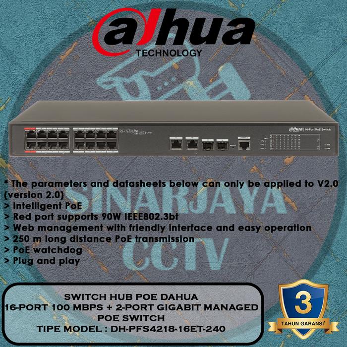 Jual Switch Hub PoE Dahua 16Port+2 Uplink DH-PFS4218-16ET-240 Garansi ...