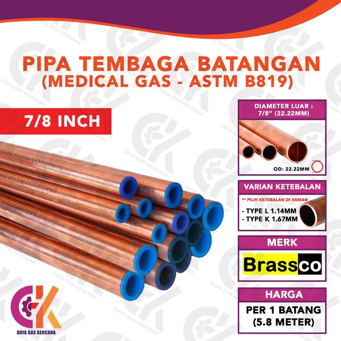 Jual BRASSCO Pipa Tembaga Batangan ASTM B819 7/8" // Gas Medis Type L ...