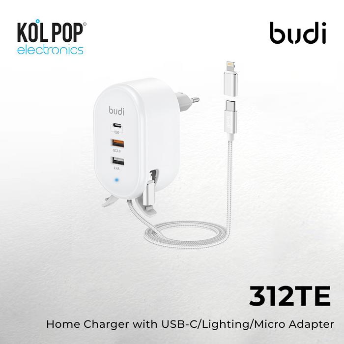Promo Budi 312TE Home Charger QC3.0 with USB C CABLE/Lightning/Micro ...
