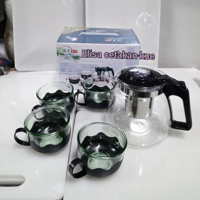 Jual TEA POT KACA SET 5 IN 1 / TEKO KACA DENGAN SARINGAN SET 4 CANGKIR ...