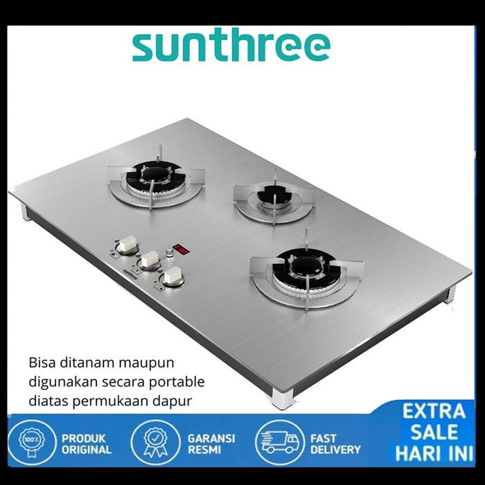 Promo SUNTHREE KOMPOR GAS KACA 3 TUNGKU STAINLESS SUNTHREE GH-3S STH ...