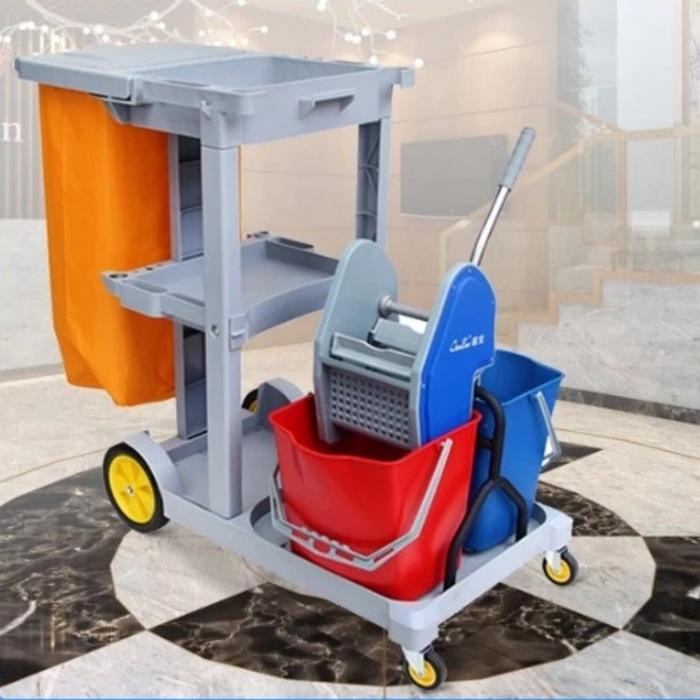 Jual janitor cart trolley dorong with Double bucket wringer - new model ...