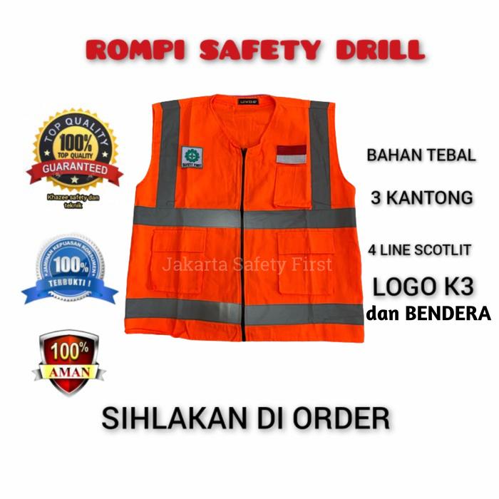Jual Rompi Safety Drill Orange Proyek + Logo K3 dan Bendera Indonesia ...