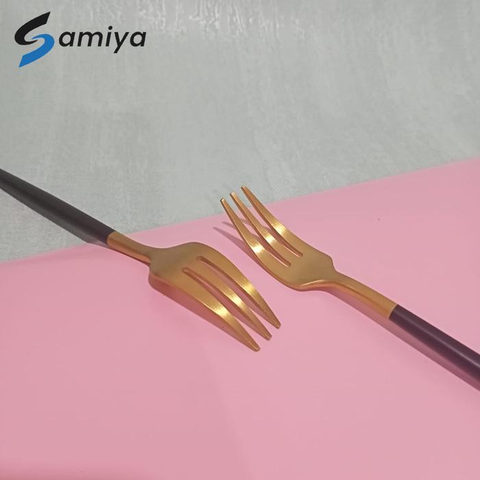 Jual garpu cake kue buah/dessert tea fork stainless gold black SUS304 ...