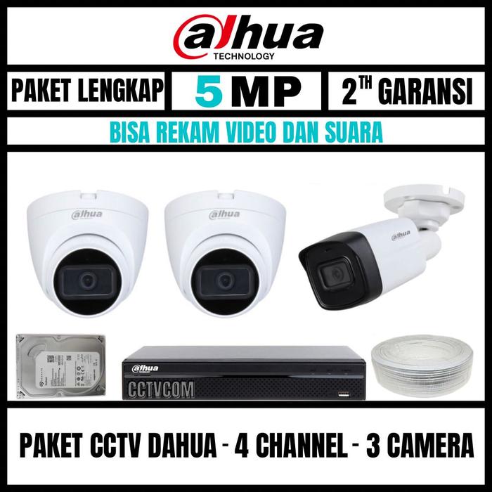 Promo PAKET CCTV DAHUA 4 CHANNEL 3 CAMERA 5MP 2560H CAMERA CCTV KAMERA ...