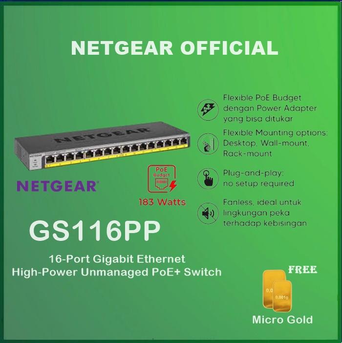 Promo Netgear GS116PP 16 Port Gigabit PoE+ Unmanaged Switch GS 116PP ...