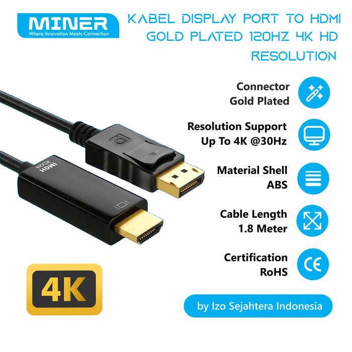Promo Kabel Display Port / DP to HDMI Gold Plated 4K 120Hz High Quality ...