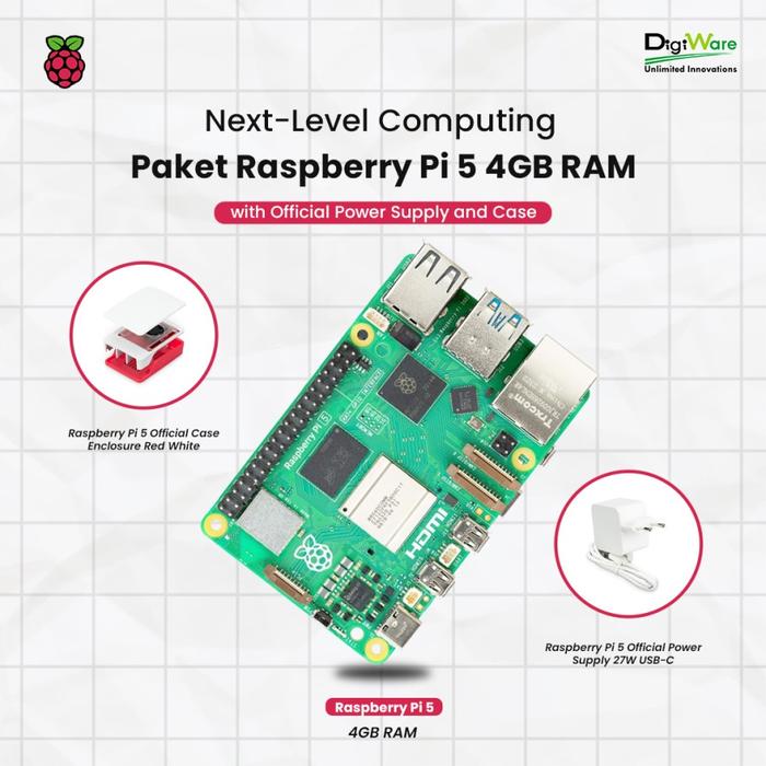 Jual Paket Raspberry Pi 5 4GB RAM with Official Power Supply and Case - Kota Bekasi - DigiWare ...