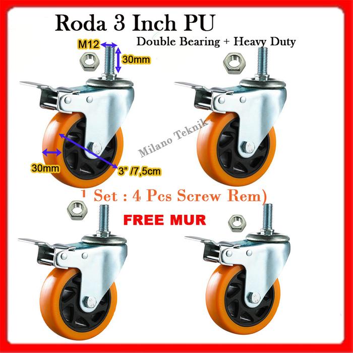 Jual Roda 3 inchi PU 1 set:4 pcs Screw Rem/baut Hidup+Double bearing ...