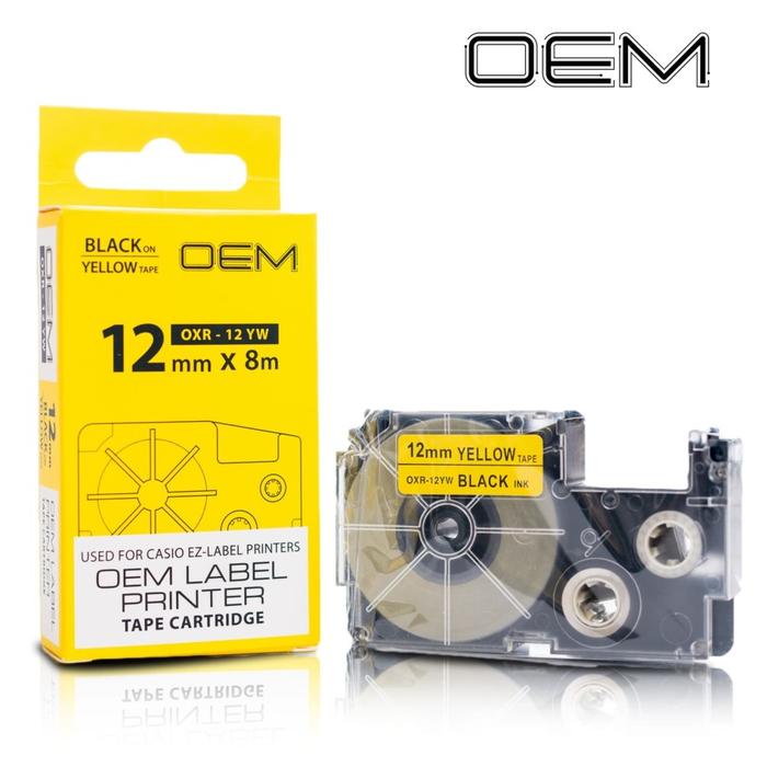 Jual OEM TAPE EZ LABEL CASIO 12MM BLACK INK YELLOW (OXR-12YW) LABEL ...
