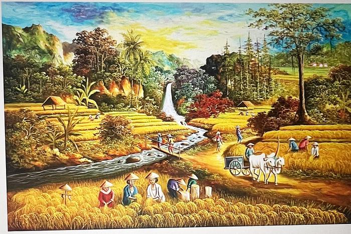 Jual Realistis! Lukisan Panen Padi dengan Gerobak Sapi dan Air Terjun ...