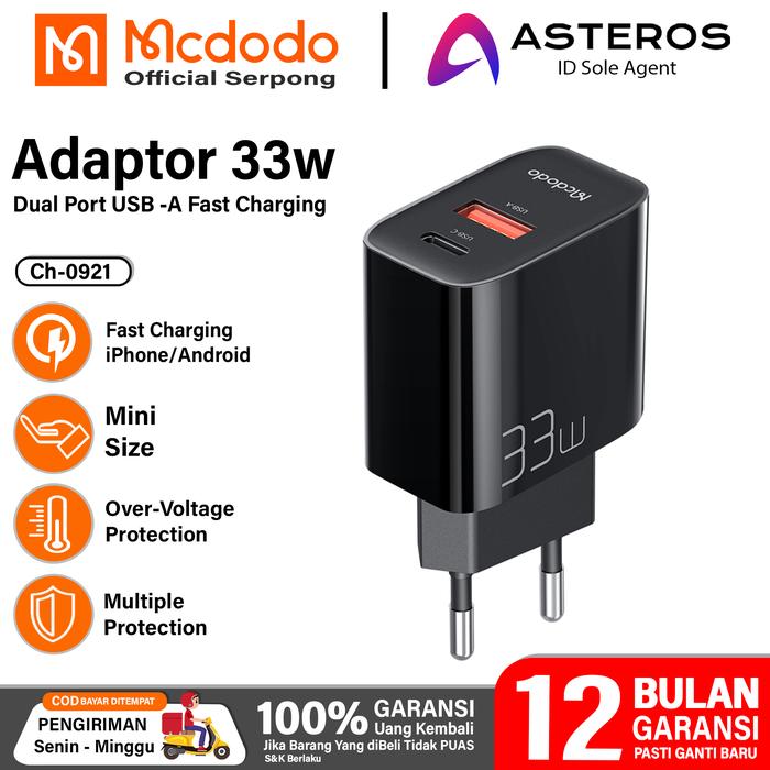 Jual MCDODO Adaptor Kepala Charger Dual Port USB + Type C FAST Charging 20w - Ch-0921 33w - Kab ...