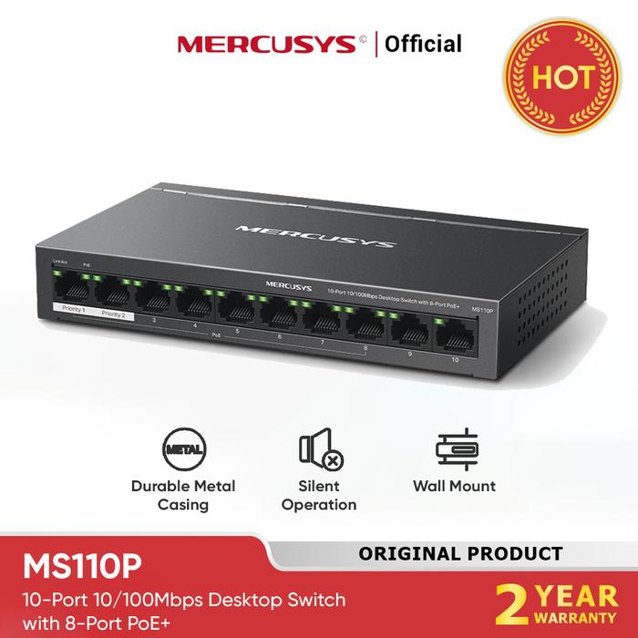 Promo MERCUSYS MS110P 10-Port 10/100Mbps Desktop Switch with 8-Port PoE+ - MS110P - Kab ...