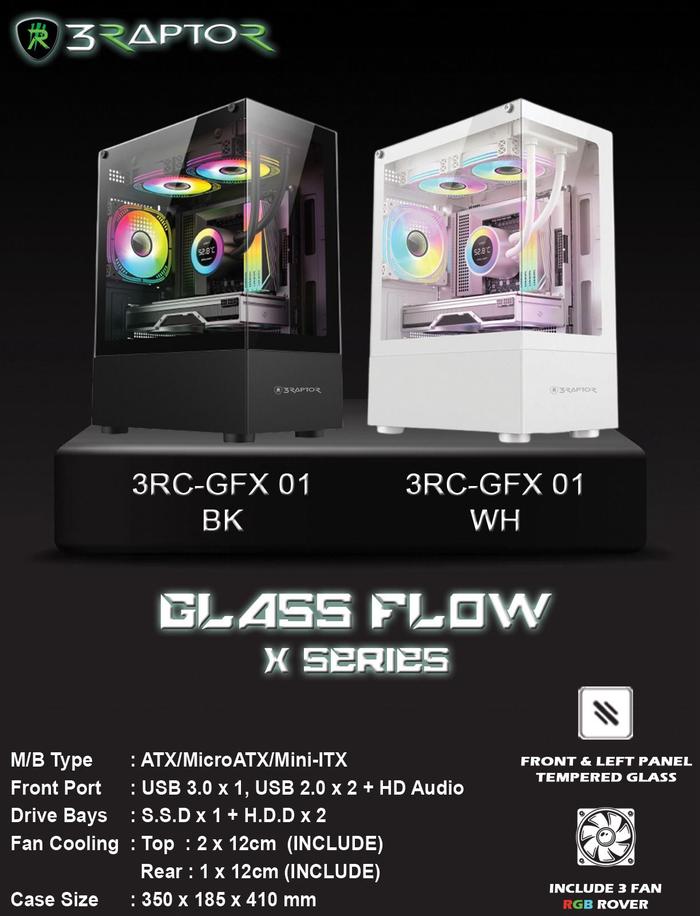 Jual CASING RAPTOR GLASS FLOW X SERIES FREE FAN 3 RGB - Hitam - Jakarta ...