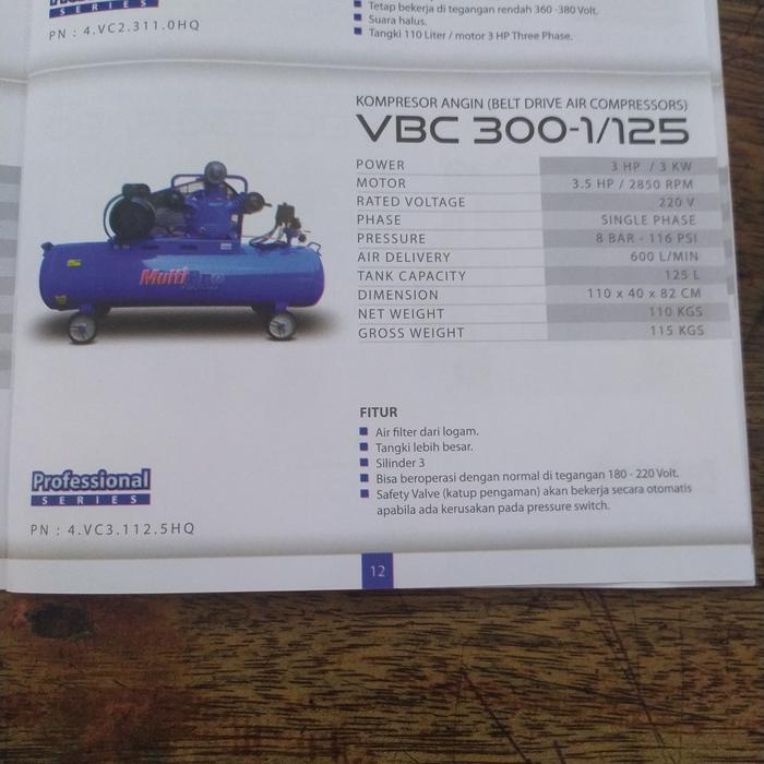Jual multipro Vbc 300-1/125 kompresor angin 3 hp van bel compressor 3HP ...