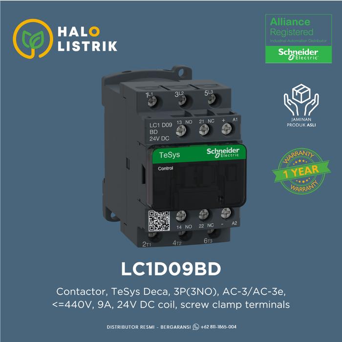 Jual LC1D09BD Contactor, TeSys Deca, 3P(3NO), AC-3/AC-3e, 440V, 9A, 24V ...