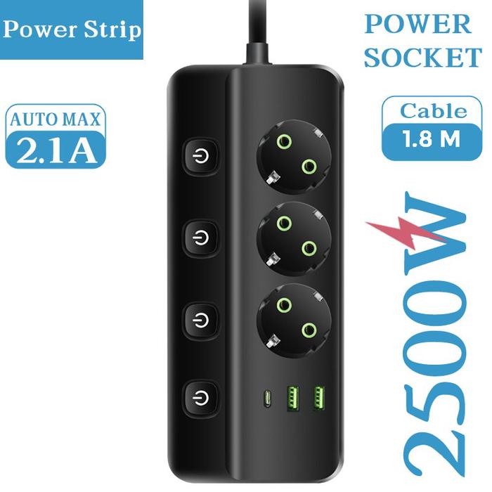 Promo Stop Kontak 2/3/4/5/6 Colokan + USB C Fast Charging 10A EU Plug ...