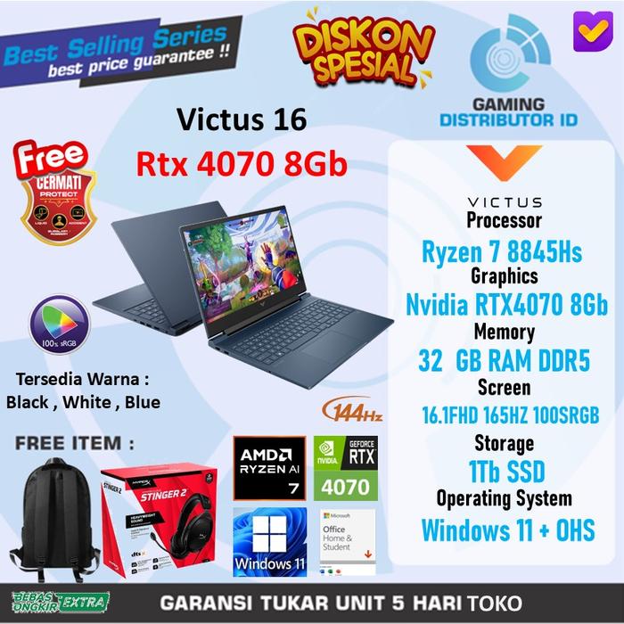 Promo LAPTOP HP Victus 16 RTX4070 8Gb Ryzen 7 8845HS 32Gb 1Tb W11+OHS ...