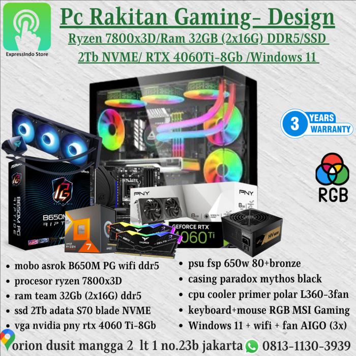 Jual PC RAKITAN Gaming - Design Ryzen 7800x3D Ram 32Gb (2x16Gb) ddr5 ...