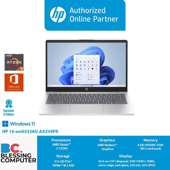 Jual HP 14 em0333AU AA3V8PA Ryzen 3 7320U 8GB 512GB W11 OHS Silver - Kota Denpasar - HP ...