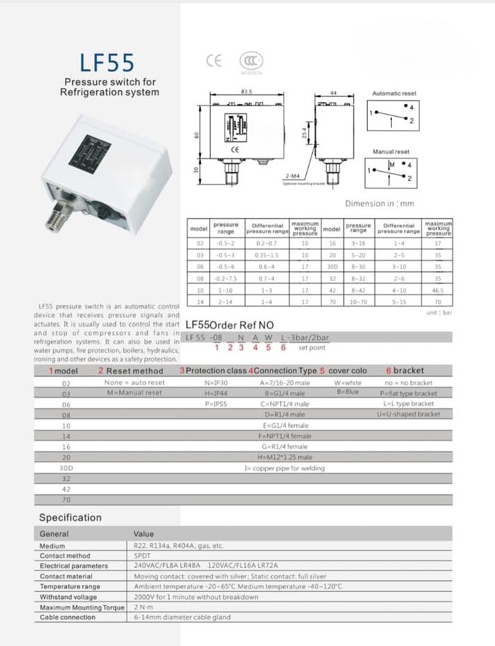 Jual Pressure Switch 6 Bar / 10 Bar / 30 Bar , NO/NC - LF55 132 G1/4 ...