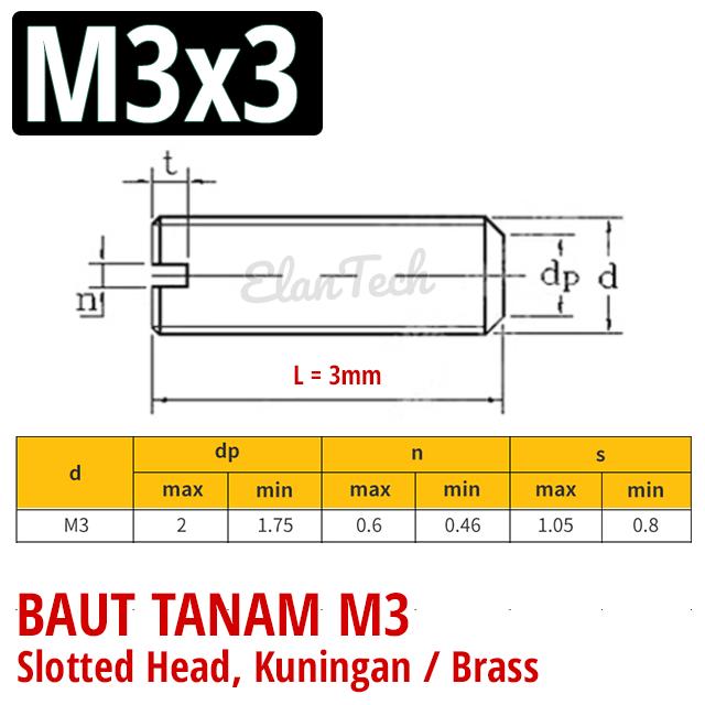 Jual Baut Tanam Slotted Screw M3 Brass Kuningan Headless Slot Minus ...