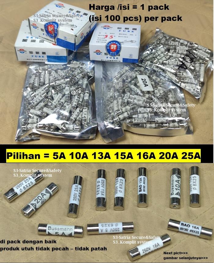 Jual 1pack 100pcs Fuse 6x25 pilihan Ampere 5A 10A 13A 15A 16A 20A 25A ...