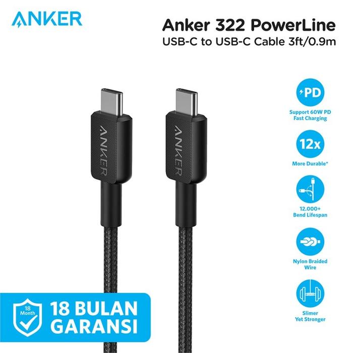 Promo ANKER Kabel 322 Type-C to Type-C 60W 3Ft Nylon Braided Cable Data ...