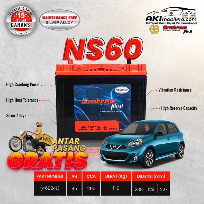 Jual EMTRAC PLUS MF NS60 (46B24R) 45Ah | Aki Mobil Toyota: Avanza Yaris, Rush | Honda Jazz ...