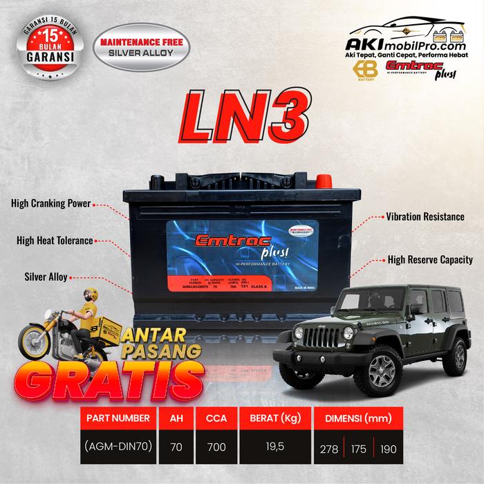 Jual EMTRAC PLUS MF LN3 AGM DIN70 (70Ah) | Aki Mobil Innova Reborn | Peugeot: 408, 508, 3008 ...