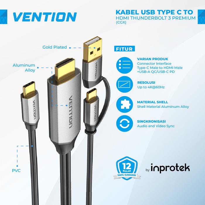 Promo Vention Kabel USB Type C to HDMI Thunderbolt 3 Premium - CGX With ...