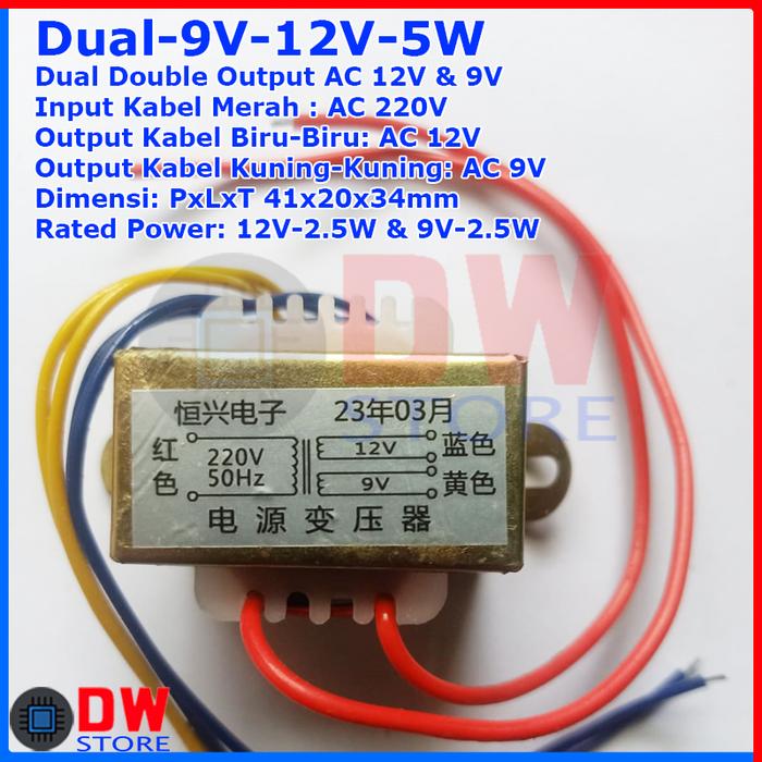 Jual Trafo Transformer Power Supply CT nonCT 220V AC 6V 9V 12V 15V 300mA-1A - Dual-12V-9V-5W ...