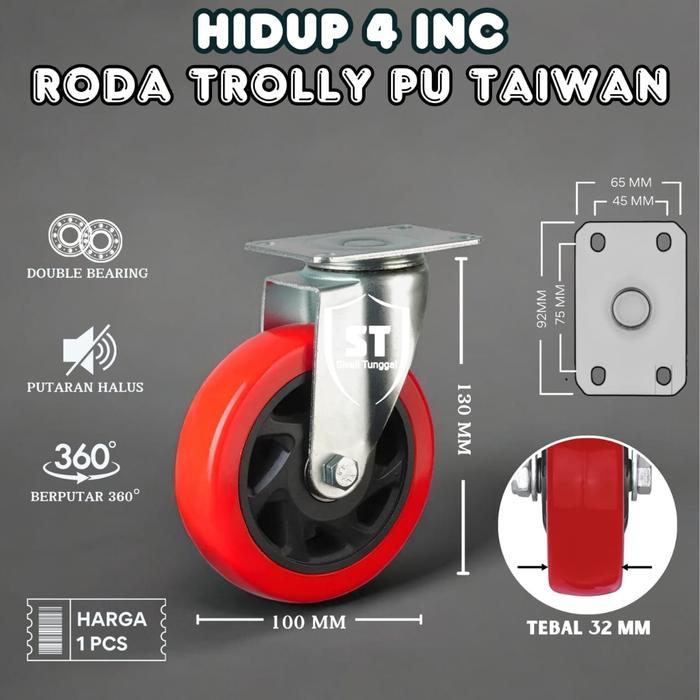 Jual RODA TROLI 4" INCH PU MERAH TAIWAN+DOUBLE BEARING HEAVY DUTY ...
