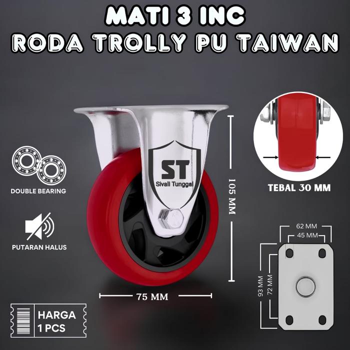 Jual RODA TROLI 3" INCH PU MERAH TAIWAN+DOUBLE BEARING HEAVY DUTY ...