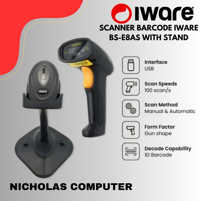 Jual IWARE Barcode Scanner E8AS AUTO SENSE 1D USB + Stand BS-E8AS ...