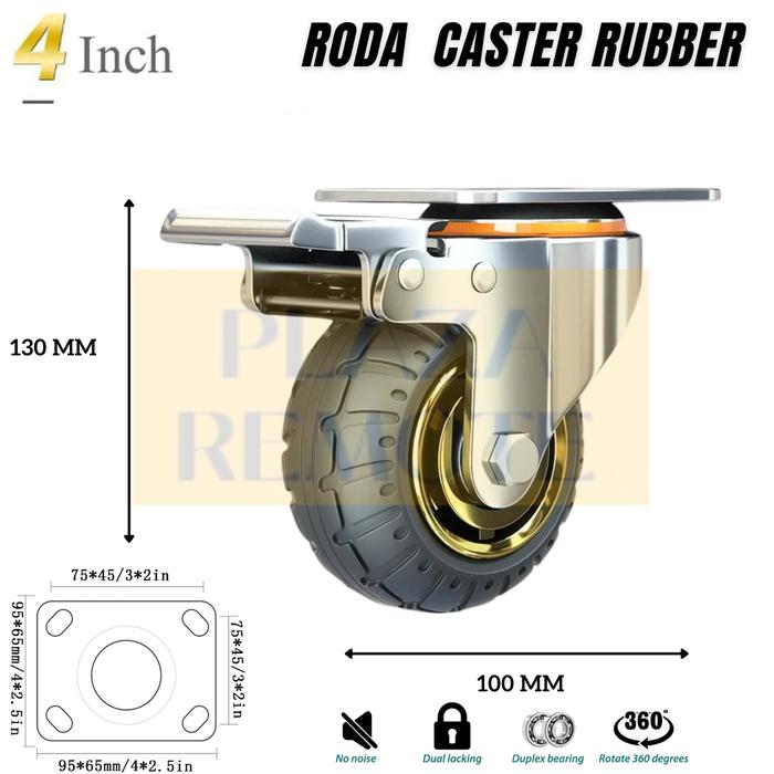 Jual RODA CASTER RUBBER + BEARING TROLY HEAVY DUTY REM HIDUP MATI - REM ...