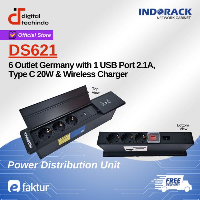 Promo INDORACK PDU 6 Outlet Germany w/ USB & C Port, Wireless Charger ...