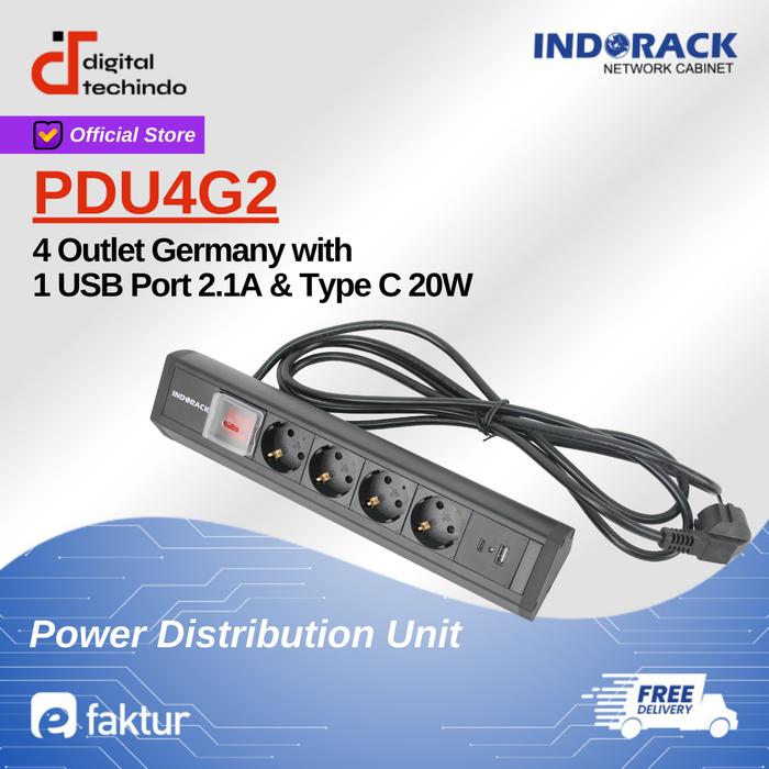 Jual INDORACK PDU 4 Outlet Germany w/ 1 USB Port 2.1A & Type C 20W ...
