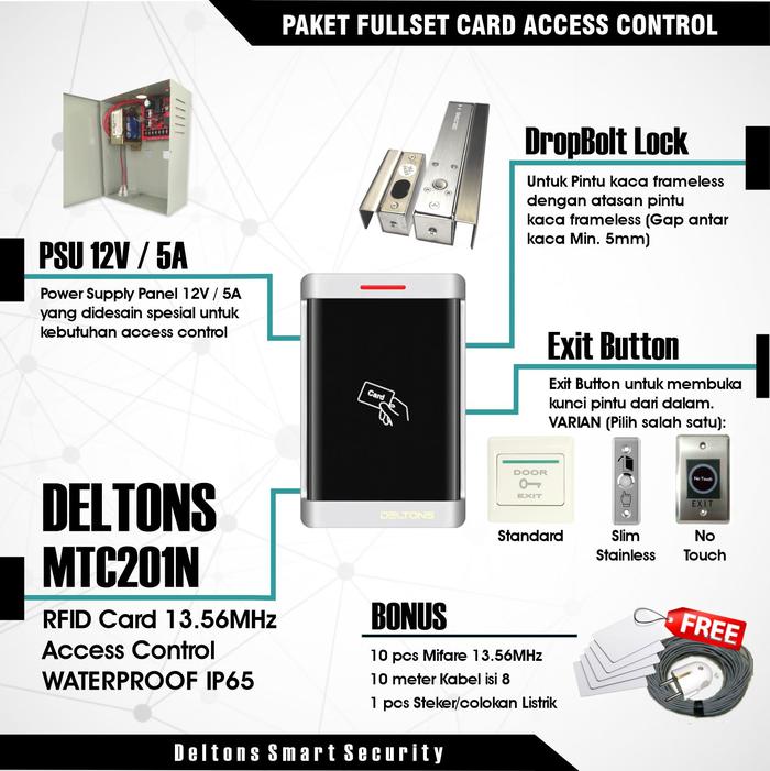 Jual Paket Card Access Control 1 pintu kaca, kunci kartu Deltons MTC201 - Dropbol Gap 5mm ...
