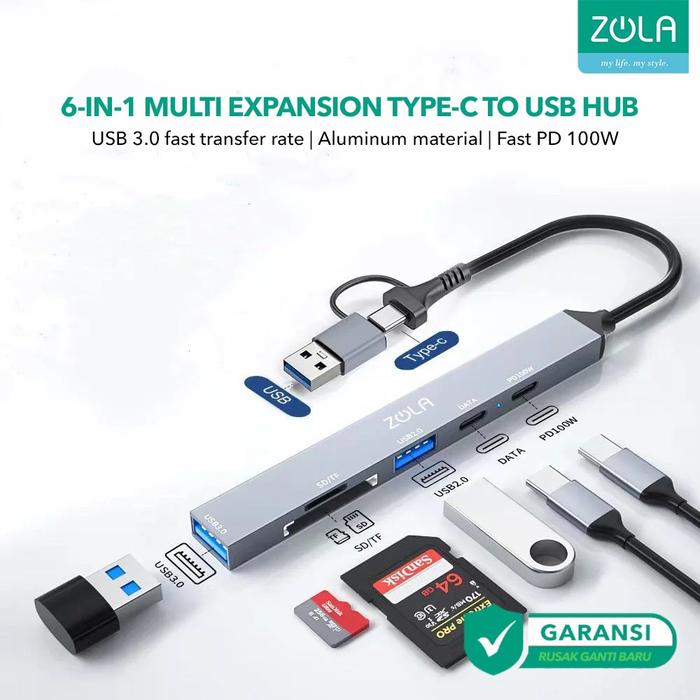Promo Zola 6 IN 1 USB 3.0-TYPE-C USB C HUB PD 100W Card Reader TF/MICRO SD - Jakarta Barat ...