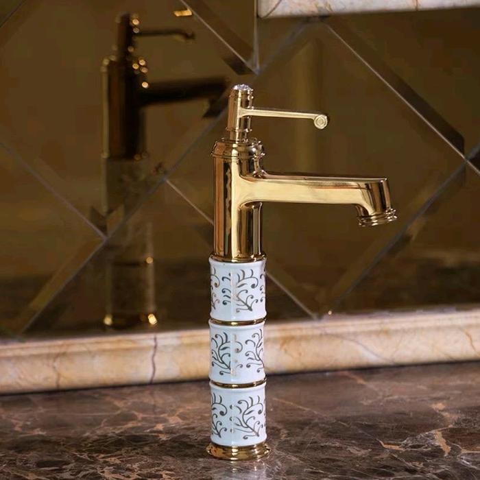 Jual Kran wastafel tinggi 33cm gold, kran cuci tangan panas dingin gold ...