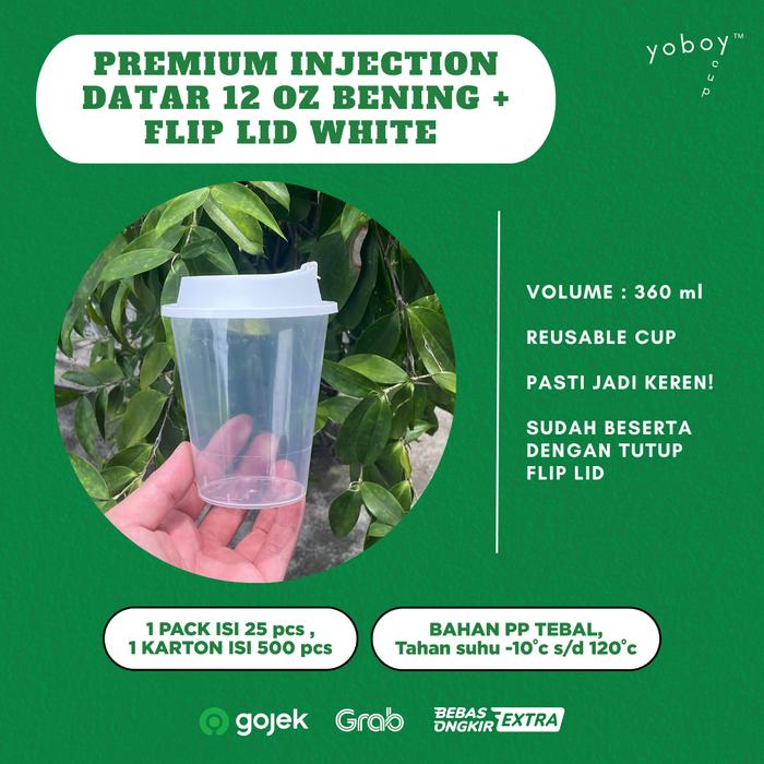 Jual Cup Premium Inject Datar 12oz Bening + Tutup Flip Lid Injection ...