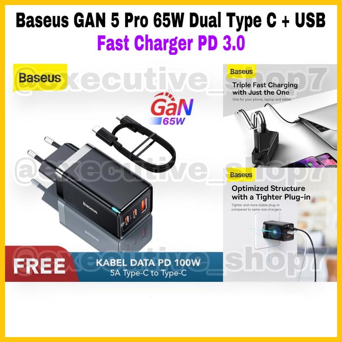 Jual Baseus GAN 5 Pro 65W Dual Type C + USB - Fast Charger PD 3.0 ...