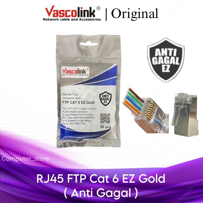 Jual Vascolink FTP RJ45 Connector Cat 6 EZ Gold Anti Gagal Konektor rj ...