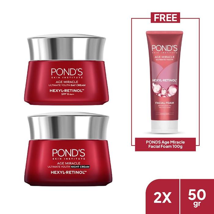 Promo Ponds Age Miracle Retinol Day & Night Cream 50G + Facial Wash ...