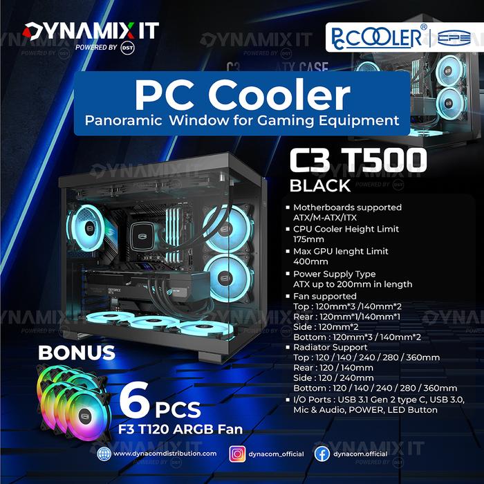 Jual PC Cooler C3-T500 Panoramic TG ATX PC Case + 6x120mm ARGB Fan - Black - Kota Surabaya ...