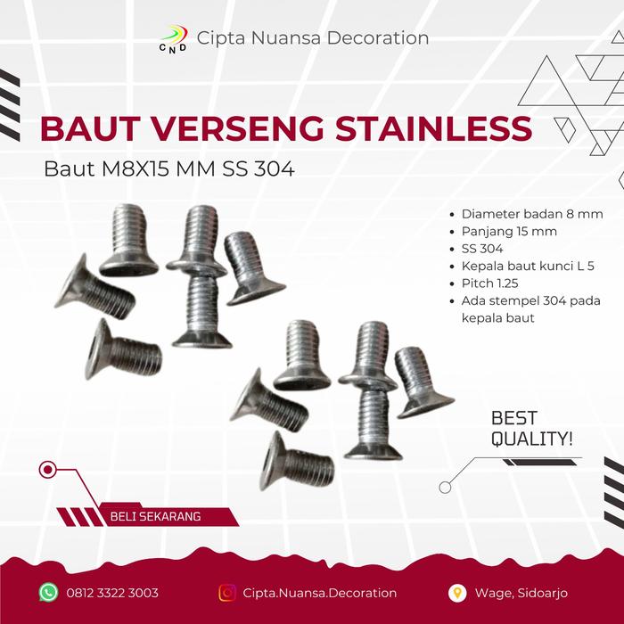 Jual Baut Stainless Steel verseng M8 Ss 304 Baut kaca tiang railing tangga - M8x15 - Kab ...