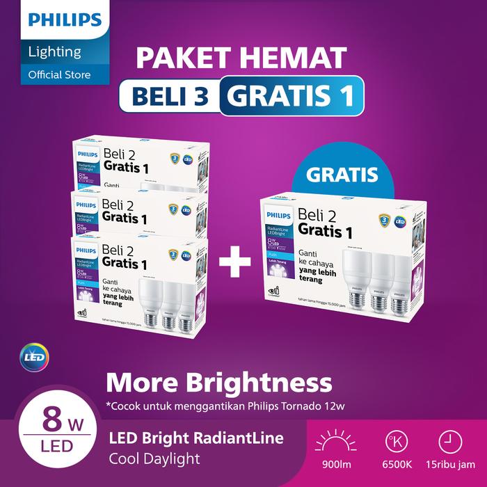 Jual Beli 3 Gratis 1 Philips LED Bright Multipack RadiantLine 8W Putih ...